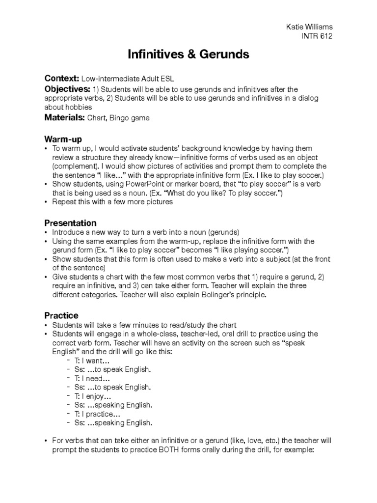 Grammar Lesson Infinitives Gerunds | PDF | Verb | English Language