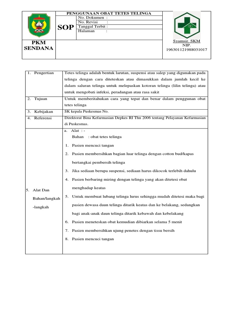 SOP Penggunaan Obat Tetes Telinga | PDF