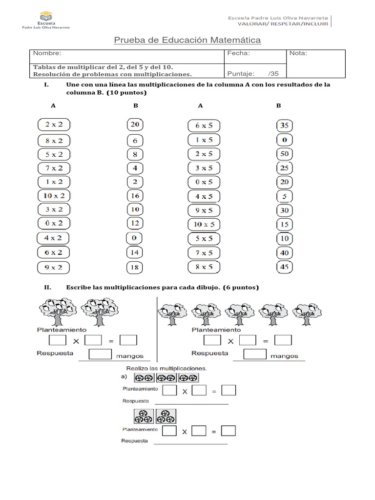 Prueba Tablas de Multiplicar Del 2, 5 y 10docx | PDF
