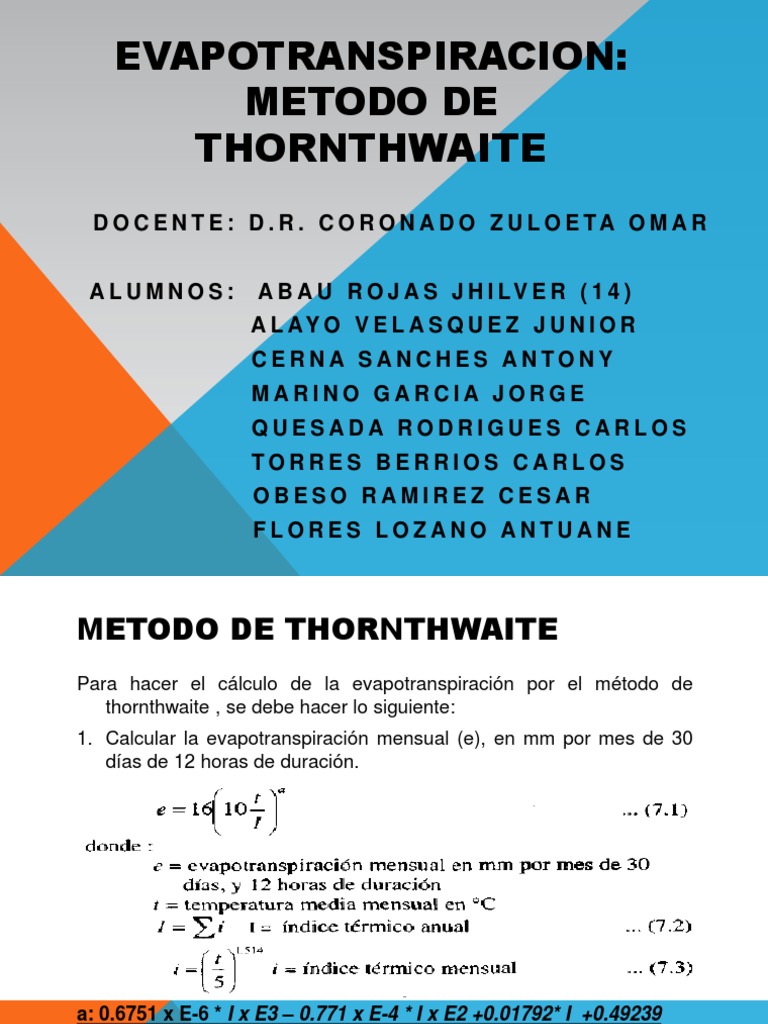 Metodo de Thornthwaite para calcular la evapotranspiración mensual | PDF