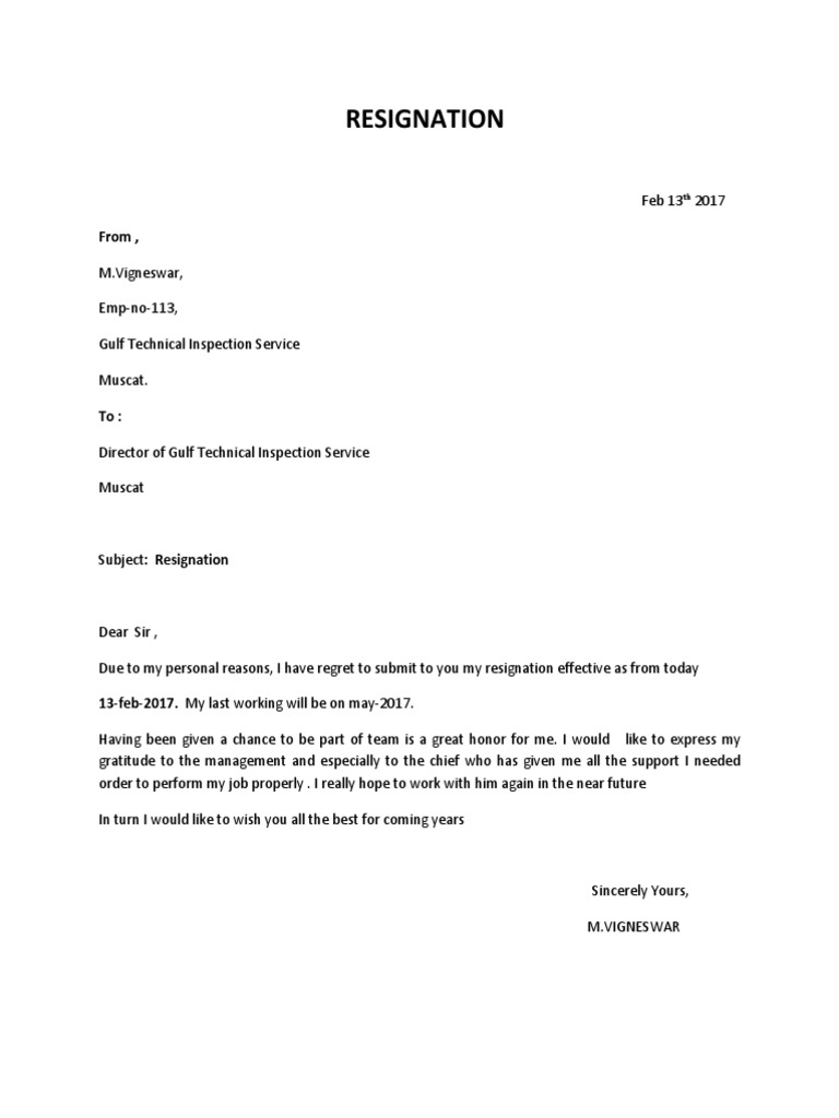 A Resignation Letter Expressing Gratitude While Providing Notice and ...
