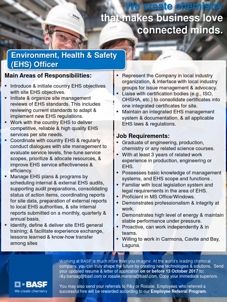 BASF - Job Vacancy Ad - EHS Officer | PDF | Audit | Engineering