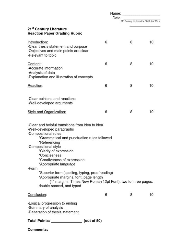 Reaction Paper Grading Rubric | PDF