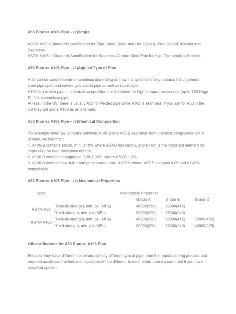A53 vs A106: Pipe Specification Guide | PDF