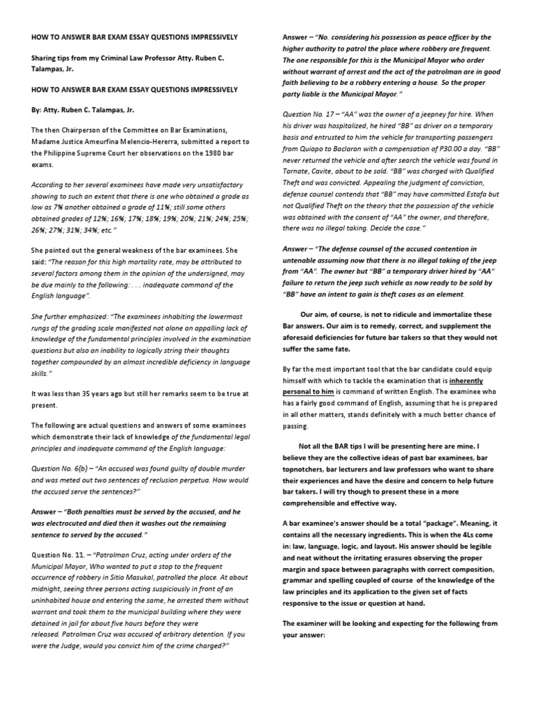 Answer Bar Exam Essay Questions | PDF | Supreme Courts | Question