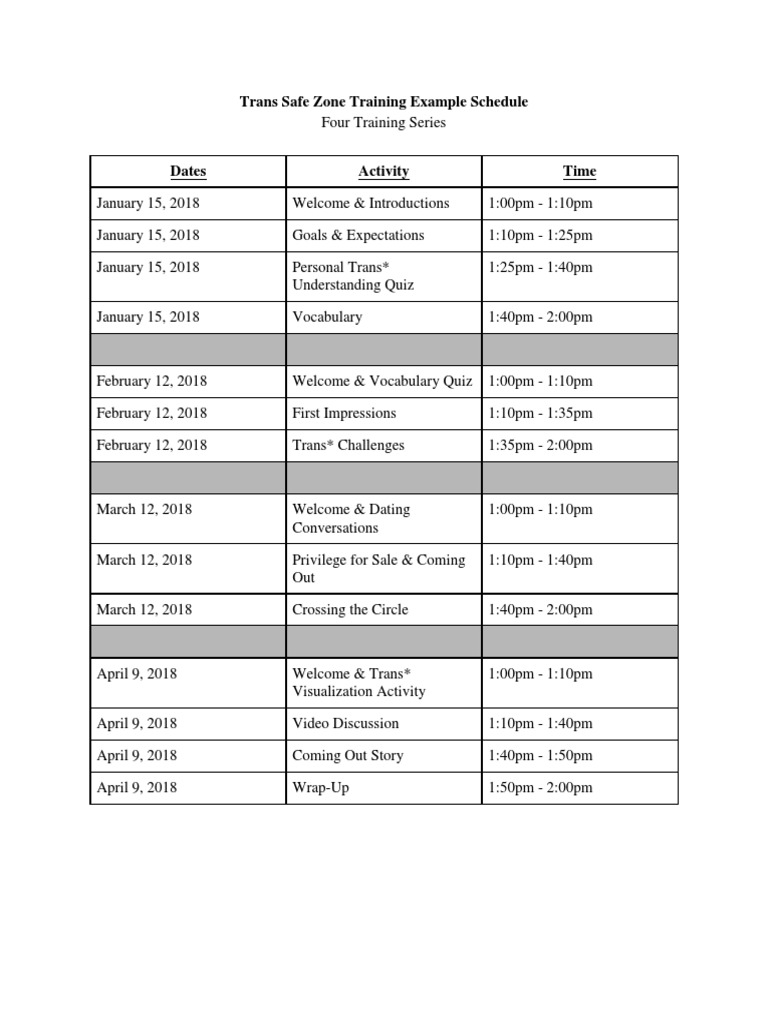 Trans Safe Zone Training Schedule | PDF