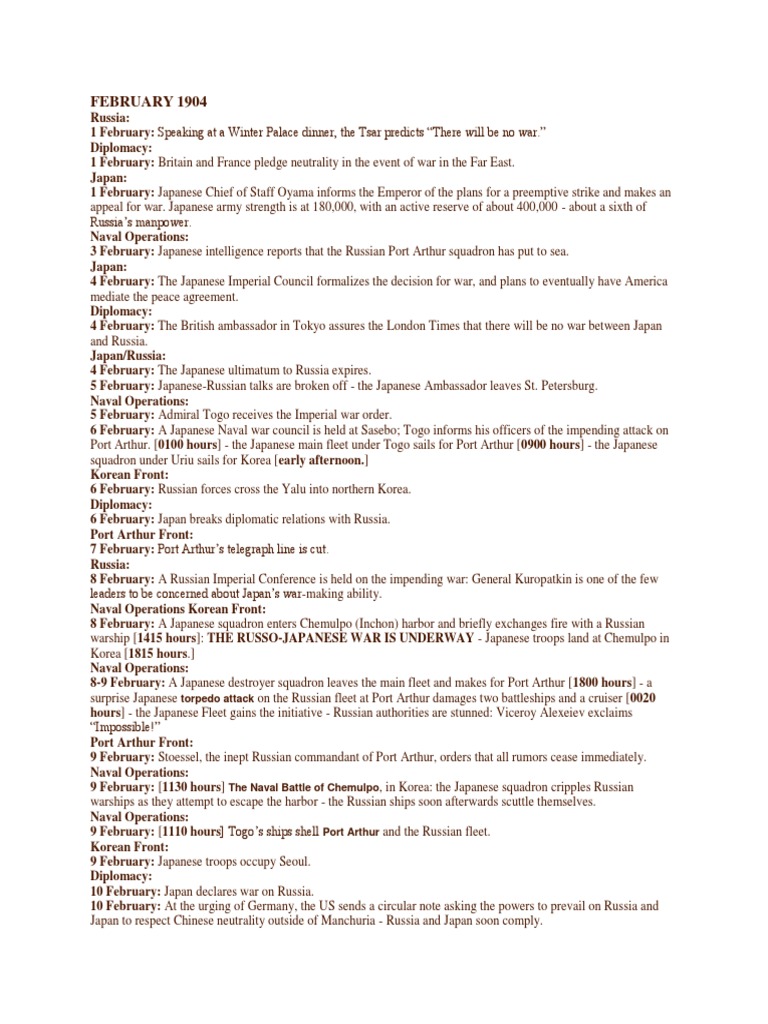 Russo-Japanese War 1904 Timeline | PDF | Imperial Japanese Navy | Russo ...