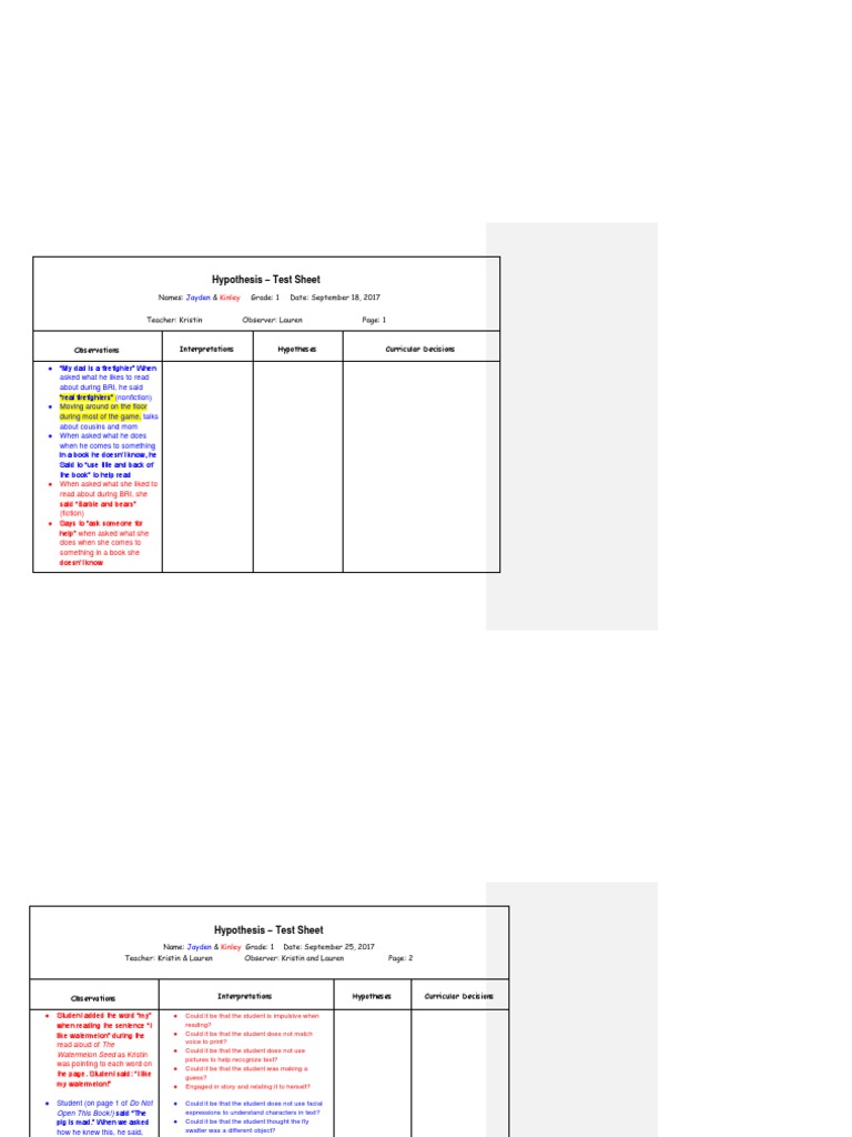 First Grade Reading Hypothesis Sheet | PDF | Hypothesis | Cognition