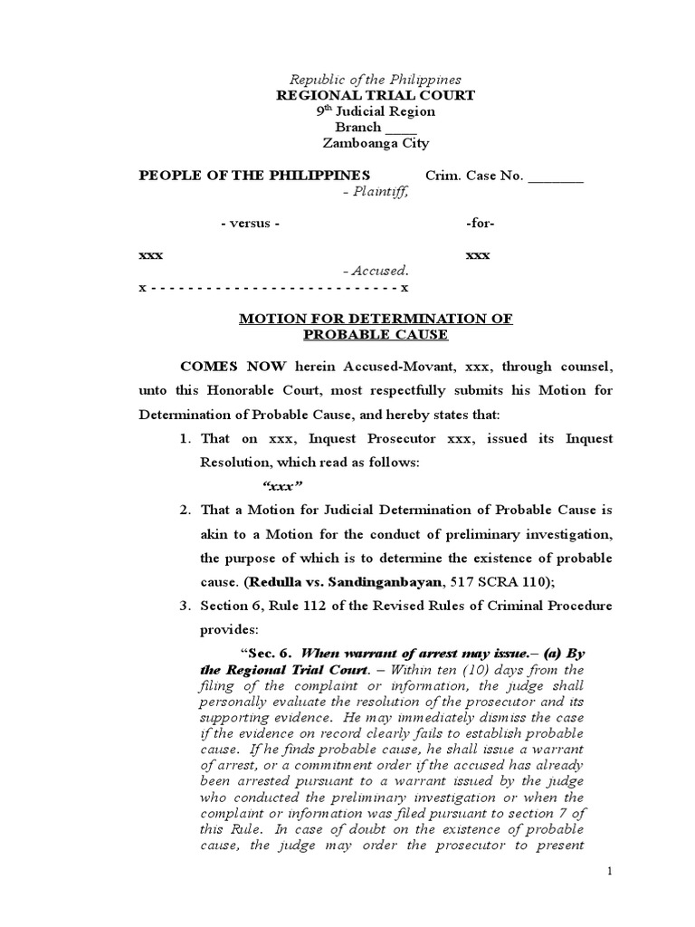 Motion for Determination of Probable Cause Blank | Probable Cause ...