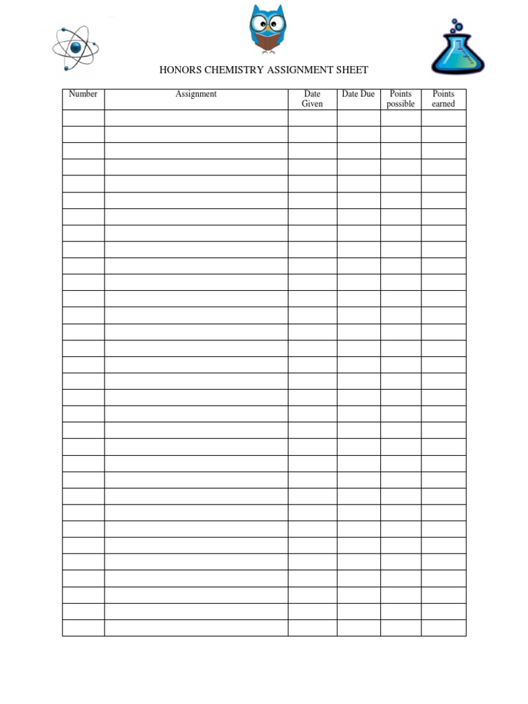 Honors Chemistry Assignment Sheet: Number Assignment Date Given Date ...