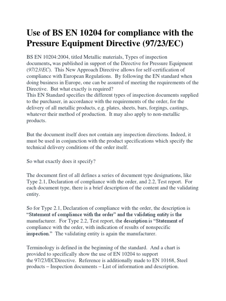 Use of BS en 10204 for Compliance With the Pressure Equipment Directive ...