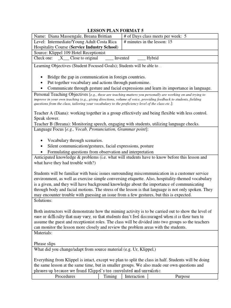 Klippel Hotel Receptionist Lesson Plan 5 | PDF | Nonverbal ...