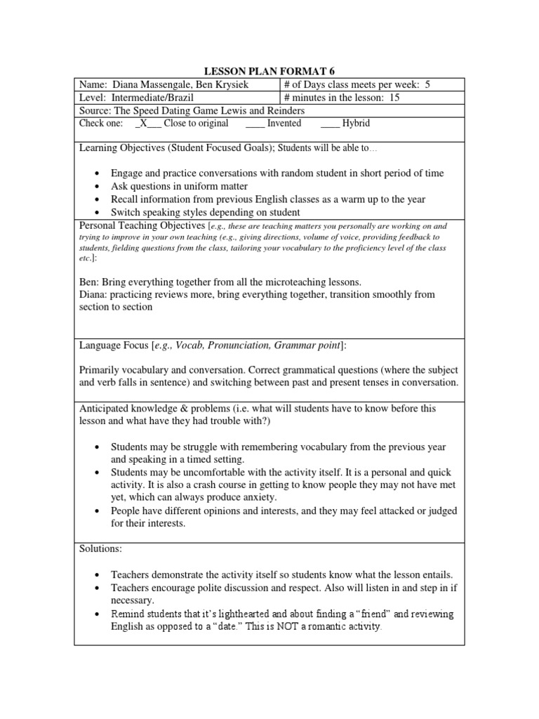 Lewis and Reinders Speed Dating Lesson Plan 6 | PDF | Conversation ...