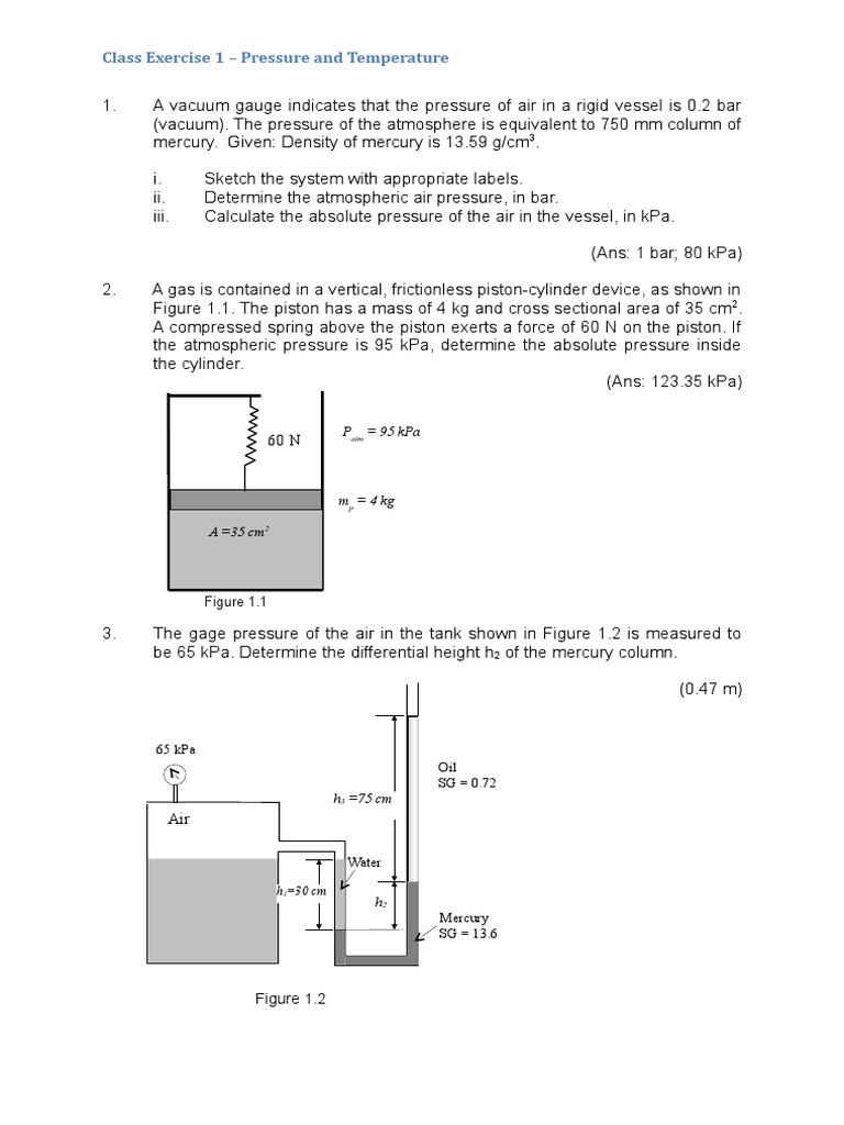 Pressure and Temperature Class Exercise | PDF | Pressure Measurement ...