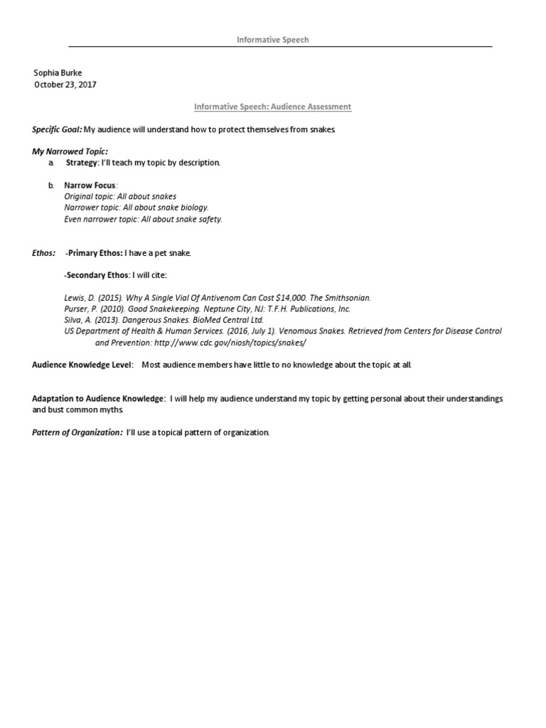Informative Speech Audience Assessment Full Sentence Outline Template-1 ...