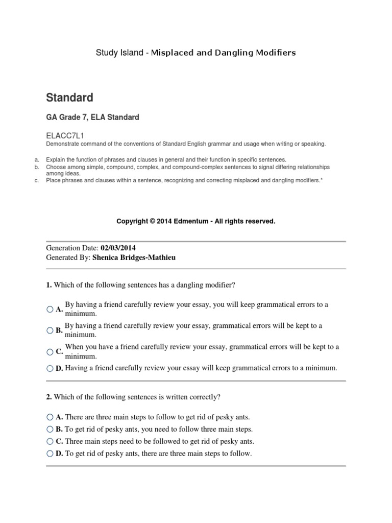 Study - Island (20) - Misplaced and Dangling Modifiers Activities With ...
