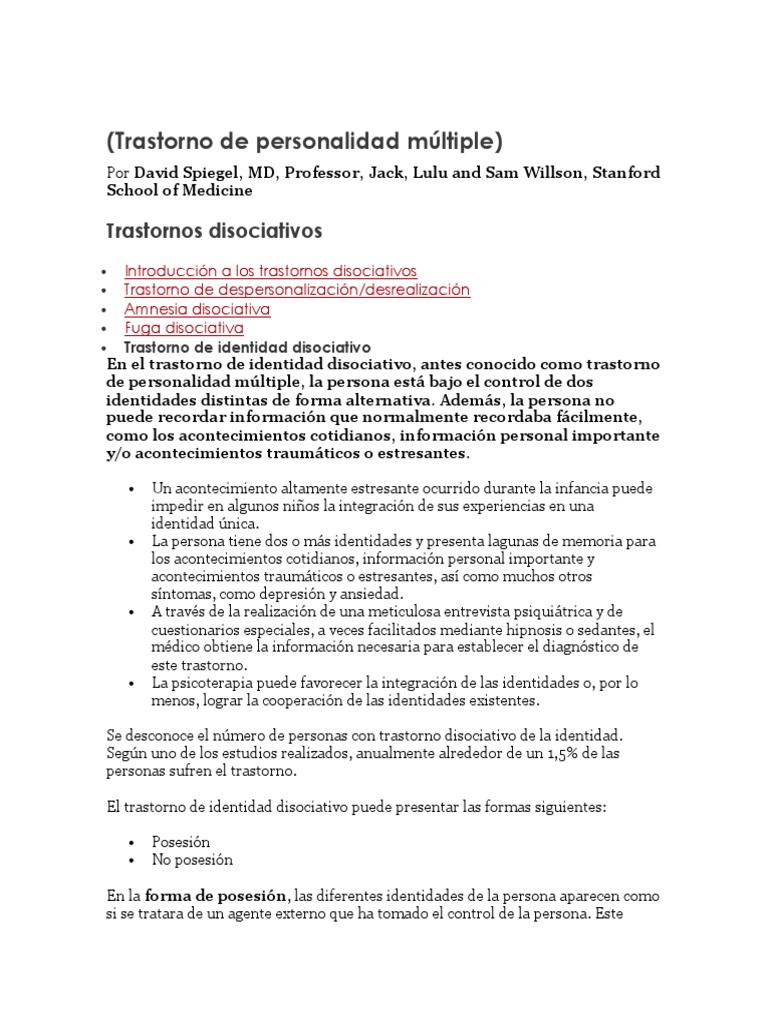 Trastorno de Personalidad Múltiple | PDF | Disociación (psicología ...