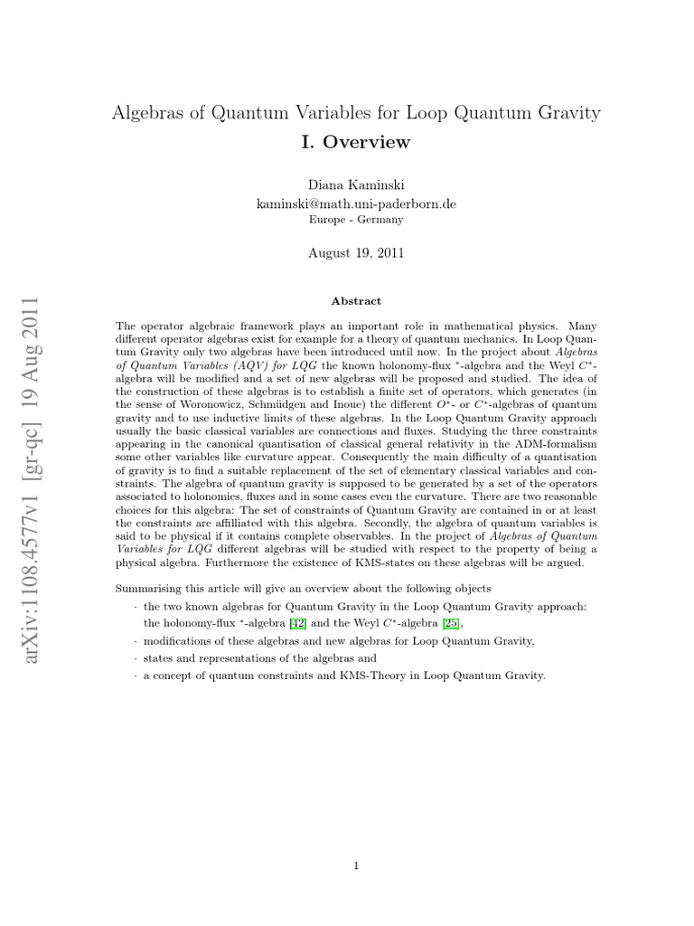 Algebras of Quantum Variables For Loop Quantum Gravity I. Overview | PDF | Quantization (Physics ...