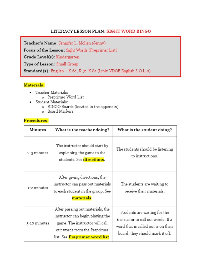 Literacy Lesson Plan Teacher's Name: Focus of The Lesson: Grade Level(s ...
