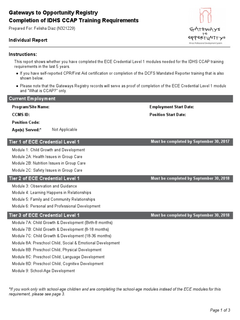 Completion of IDHS CCAP Training Requirements Gateways To Opportunity ...