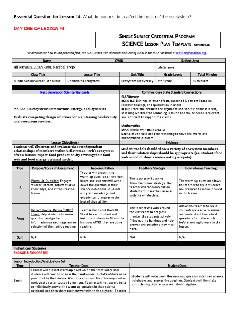 Human Impact On An Ecosystem Lesson Week Four | PDF | Education Theory ...