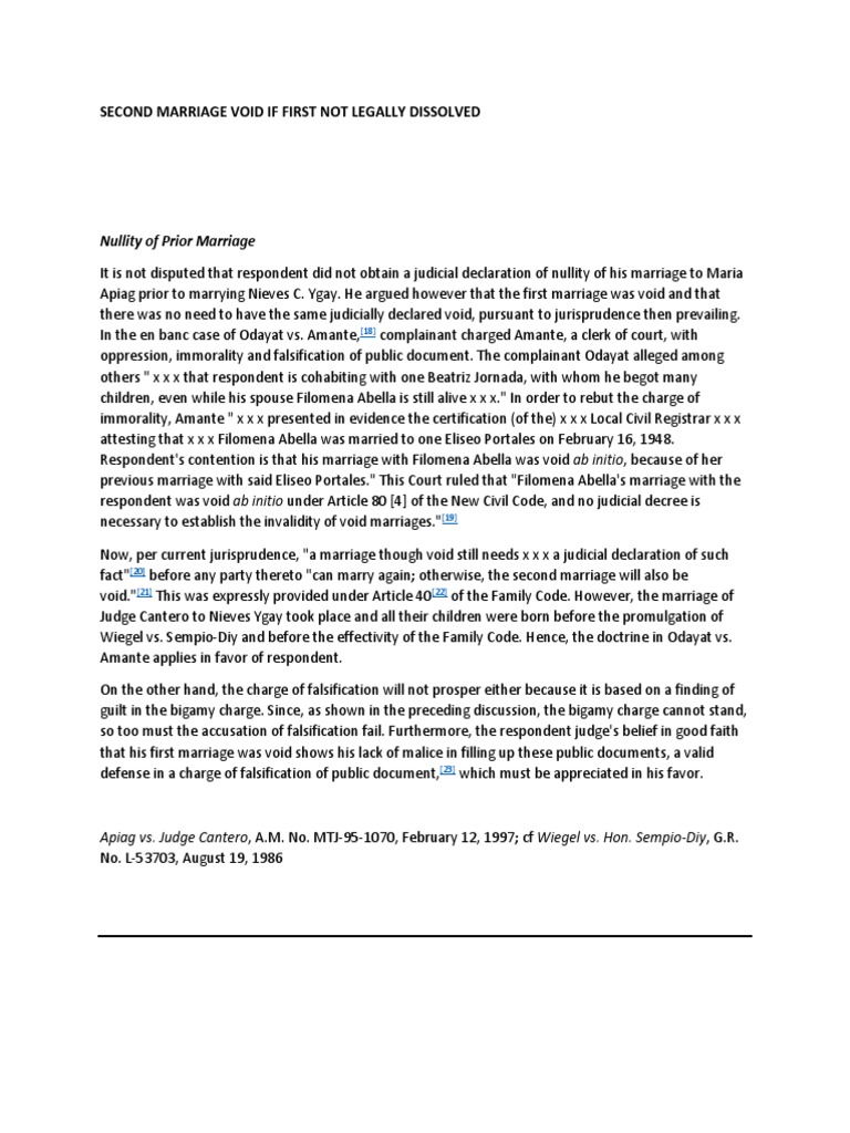 Second Marriage Void Without Nullity Decree | PDF | Void (Law) | Marriage