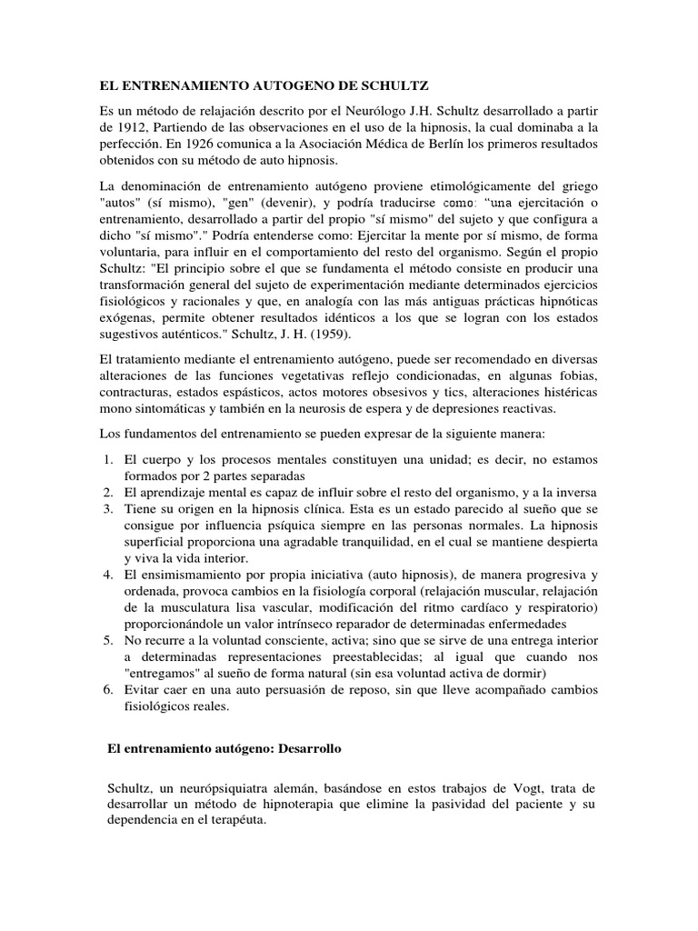 Entrenamiento Autógeno de Schultz | PDF | Hipnosis | Ejercicio físico
