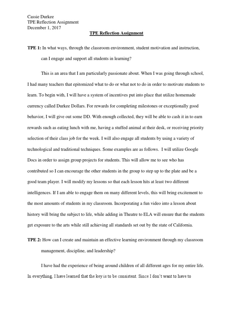 Tpe Reflection Assignment Pdf Classroom Educational Assessment
