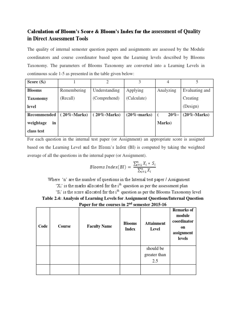 Bloom Index Calculation | PDF | Test (Assessment) | Educational Assessment