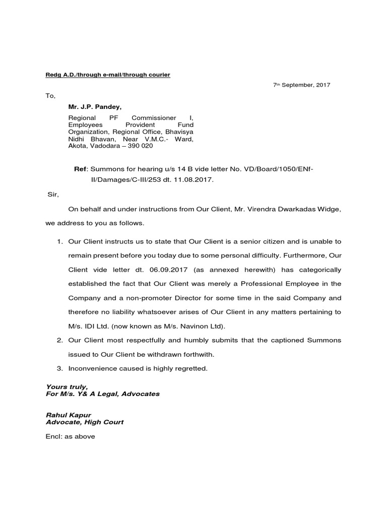 Ref: Summons For Hearing U/S 14 B Vide Letter No. Vd/Board/1050/Enf ...