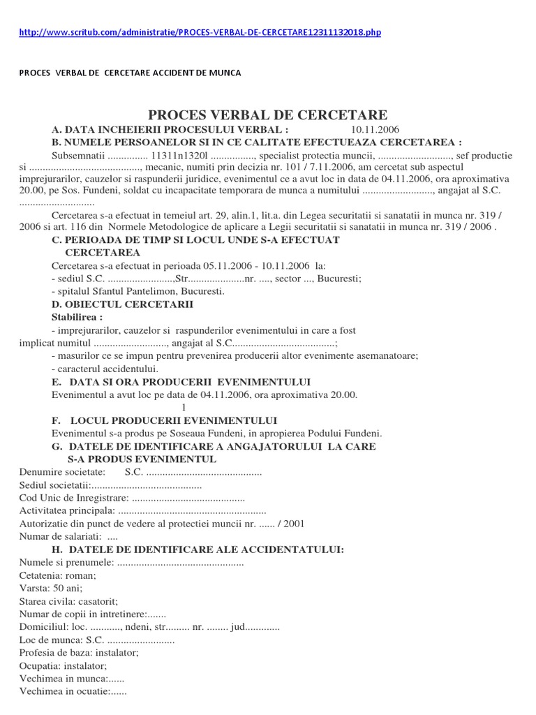 Proces Verbal 2 de Cercetare Accident de Munca