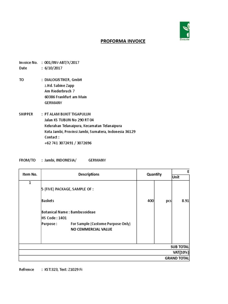 Proforma Invoice for Five Packages of Bamboo Basket Samples from ...