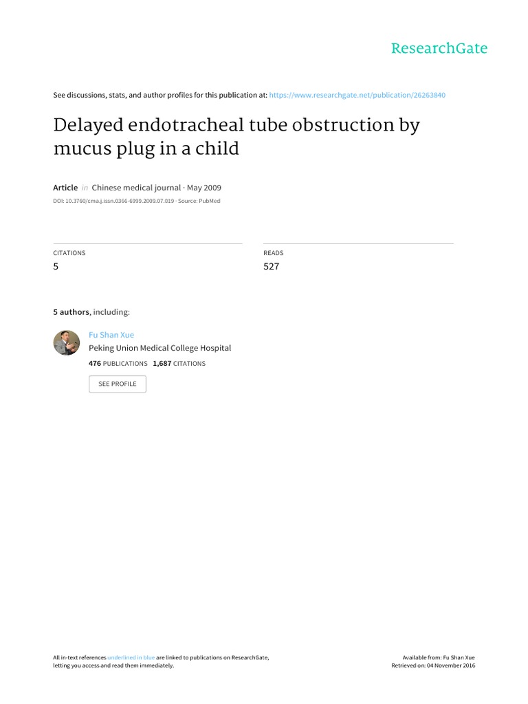 Delayed Endotracheal Tube Obstruction by Mucus Plug in A Child | PDF ...