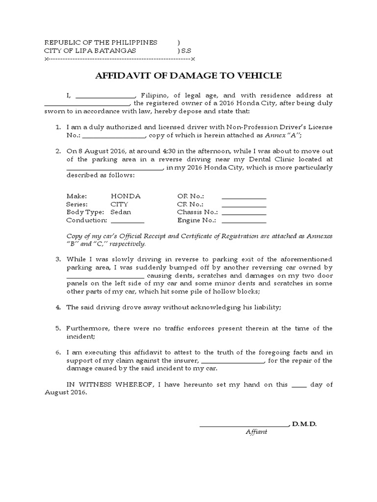 Affidavit of Damage to Vehicle | Lease | Justice
