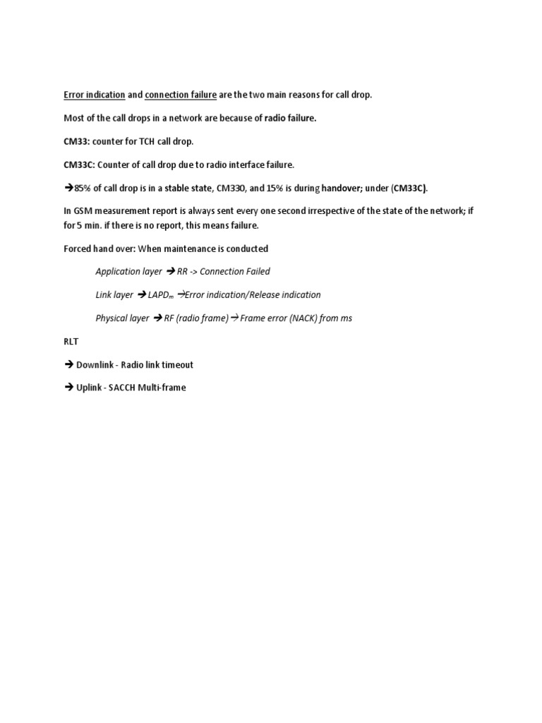 CM33: Counter For TCH Call Drop. CM33C: Counter of Call Drop Due To ...