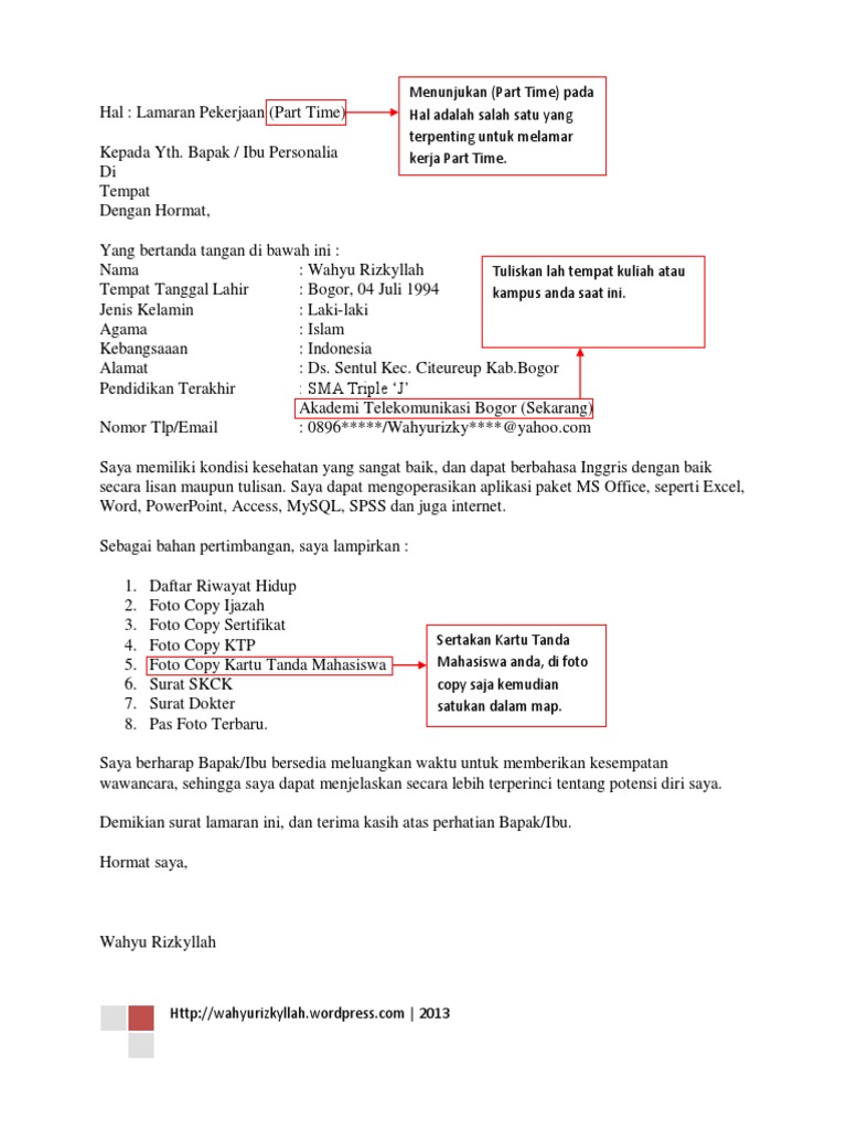 Contoh Surat Lamaran Kerja Part Time | PDF