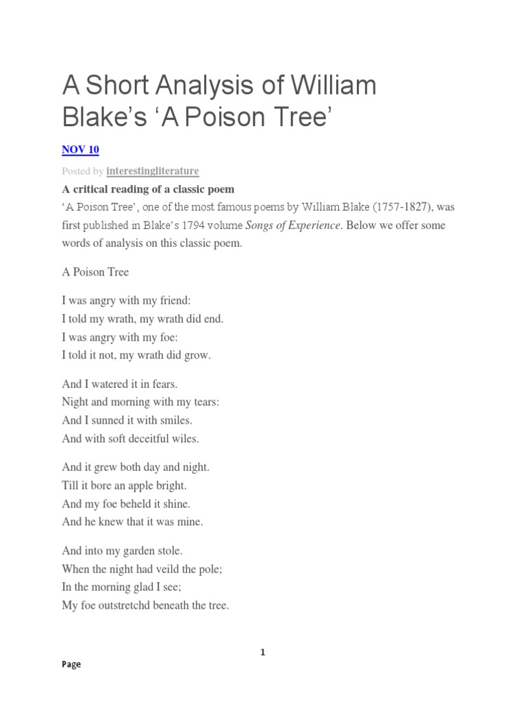Analysis of Blake's "A Poison Tree" | PDF | Anger | Adam And Eve