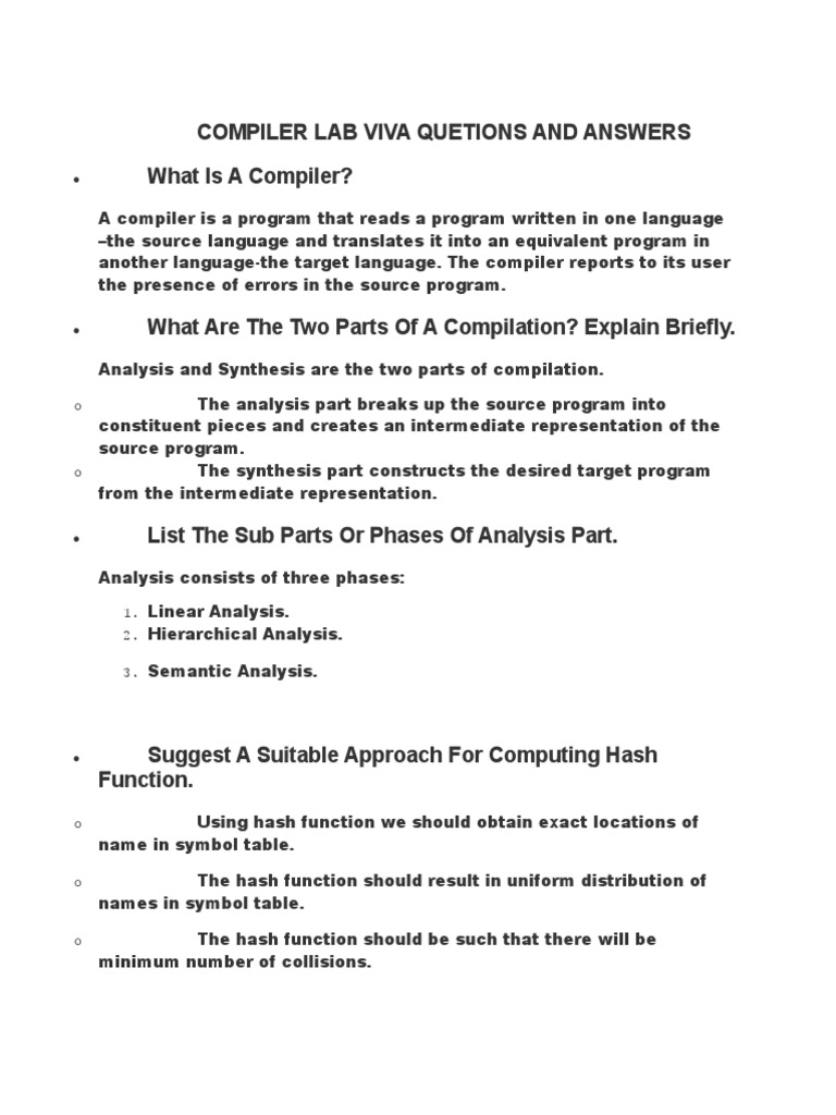 Compiler Lab Viva Quetions and Answers | PDF | Parsing | Compiler Compiler Lab Viva Quetions and Answers | PDF | Parsing | Compiler