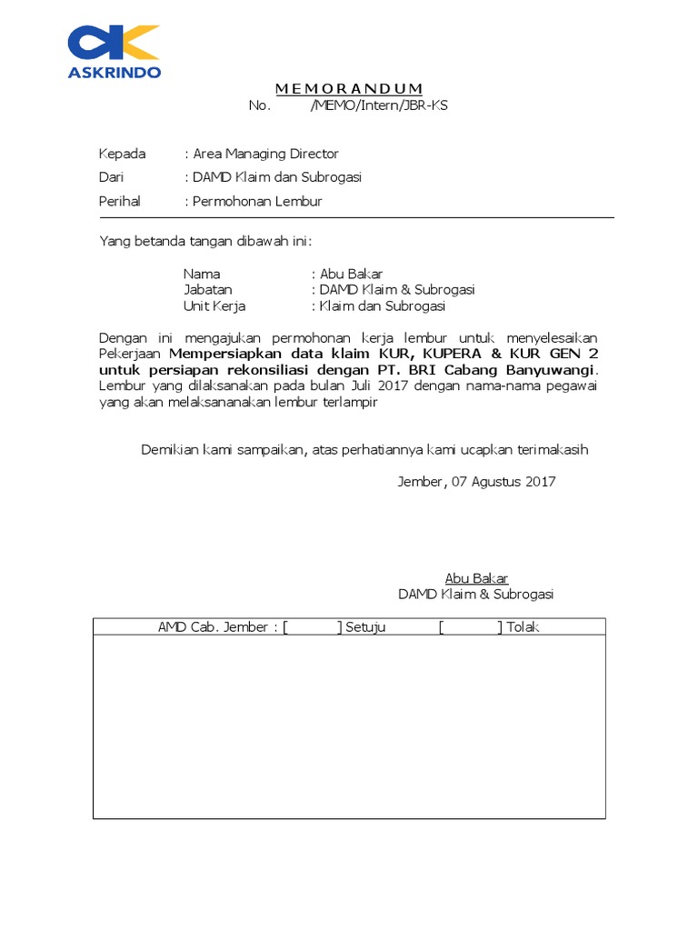 CTH Memo Lembur | PDF