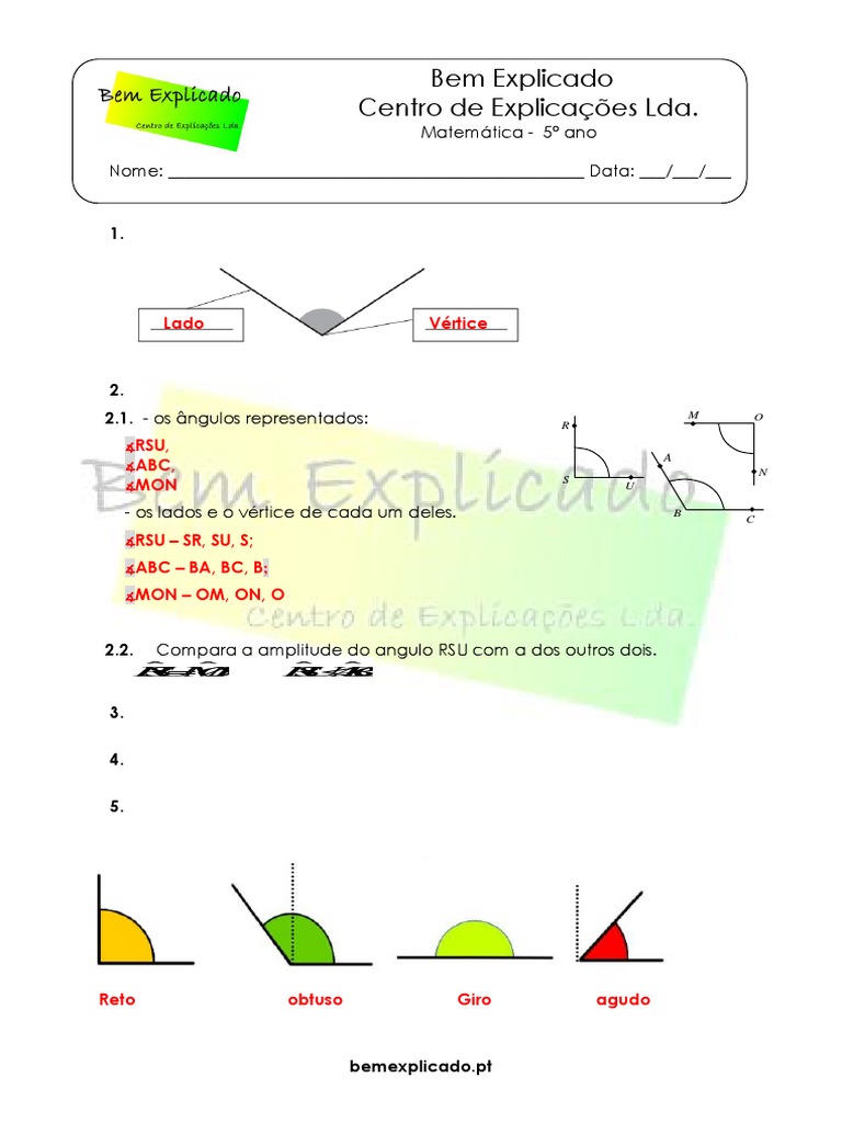 3.1 - Ângulos - Classificação, Amplitude e Medição - Ficha de Trabalho ...