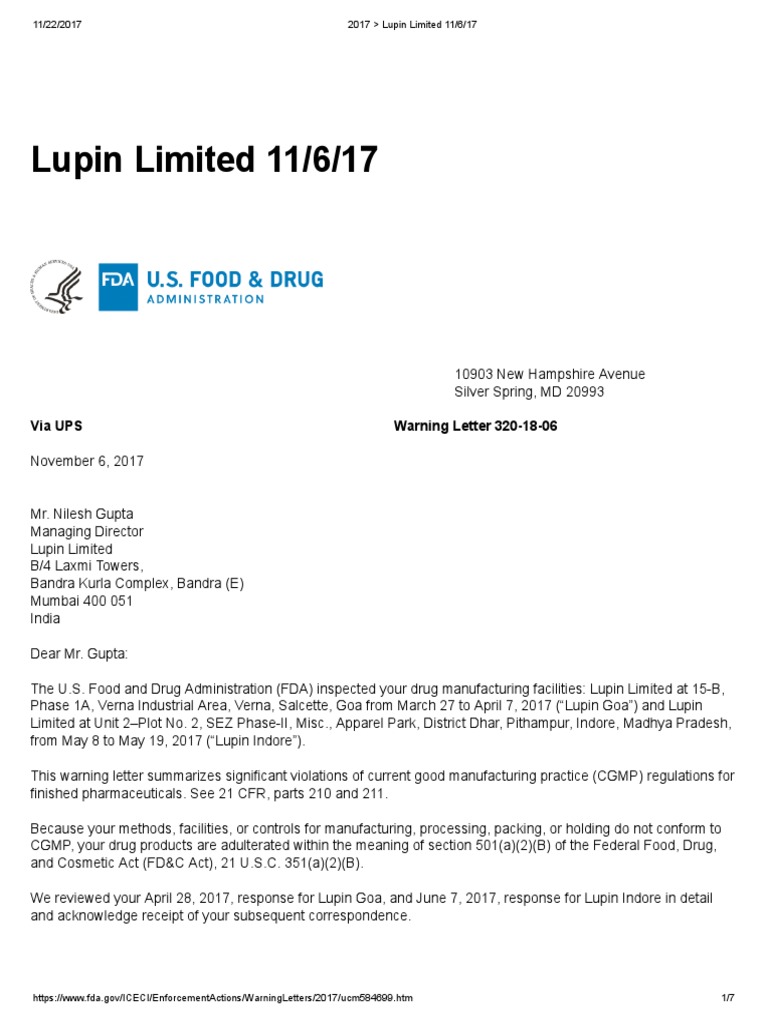 2017 USFDA Warning Letter | PDF | Food And Drug Administration | Assay