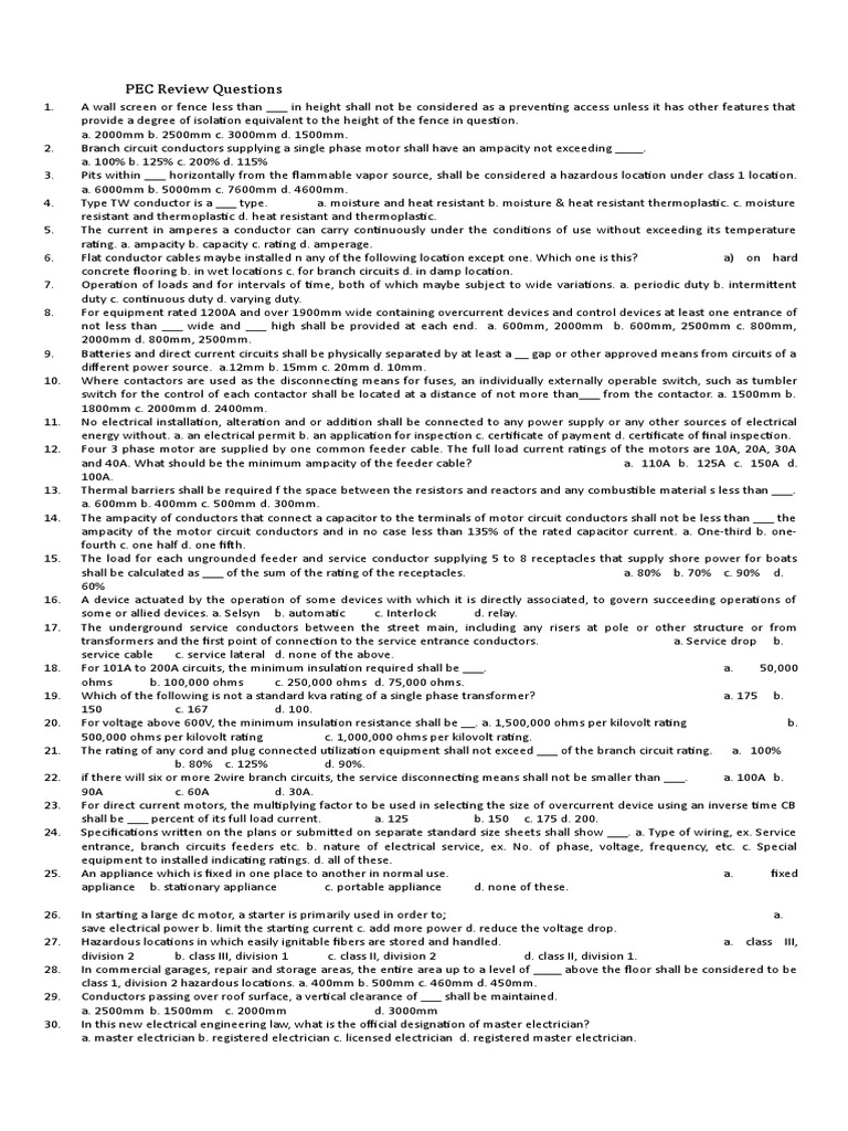 PEC Review Questions Overview | PDF | Electrical Wiring | Transformer