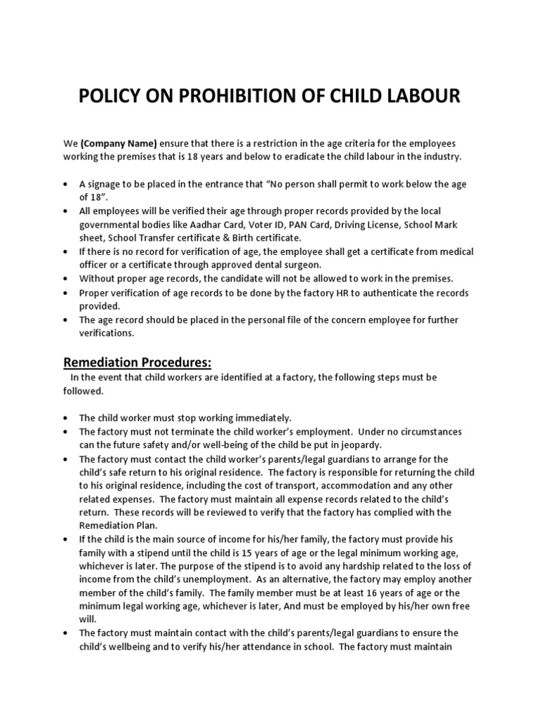 Policy On Prohibition of Child Labor | PDF | Child Labour | Employment