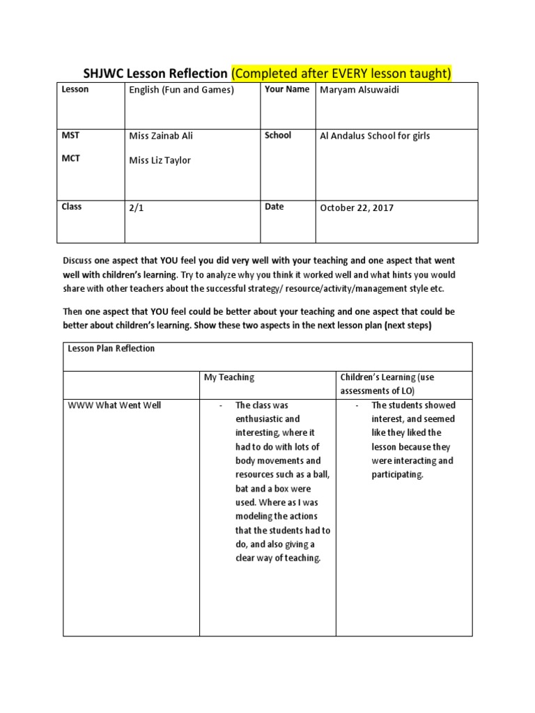 Lesson Reflection 2 | PDF | Lesson Plan | Classroom