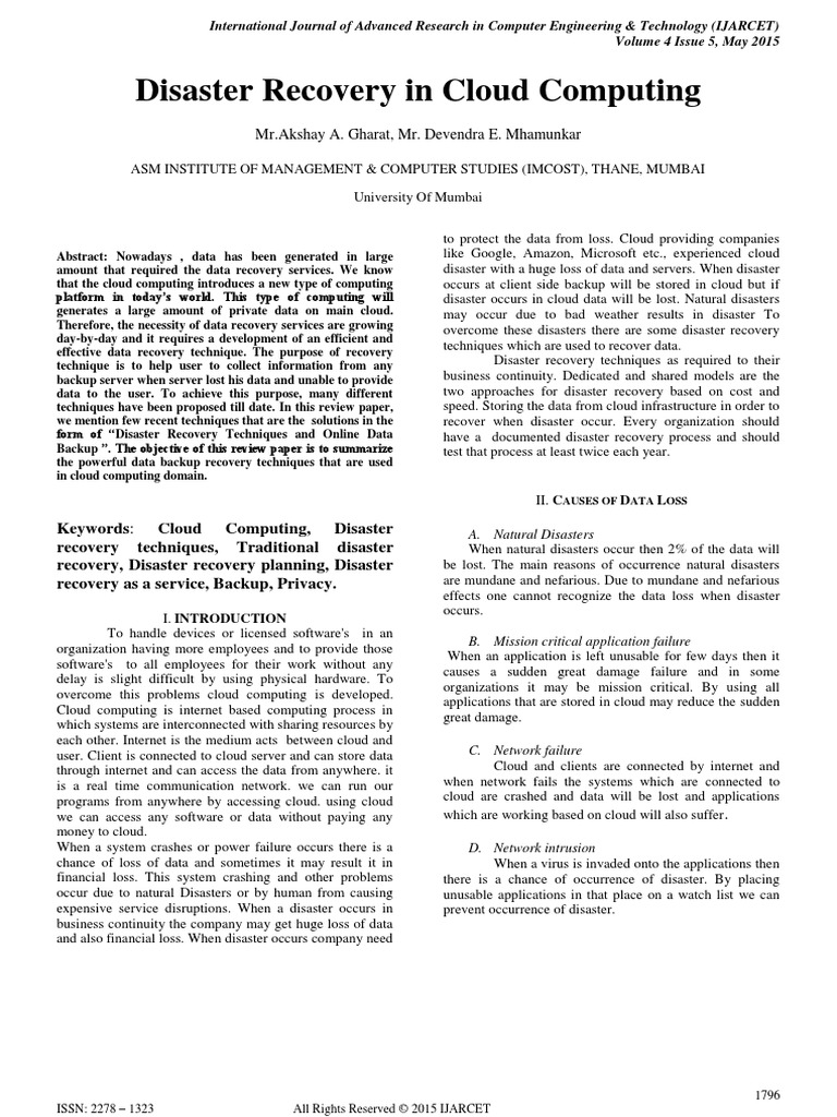 Disaster Recovery in Cloud Computing: MR - Akshay A. Gharat, Mr. Devendra E. Mhamunkar | PDF ...