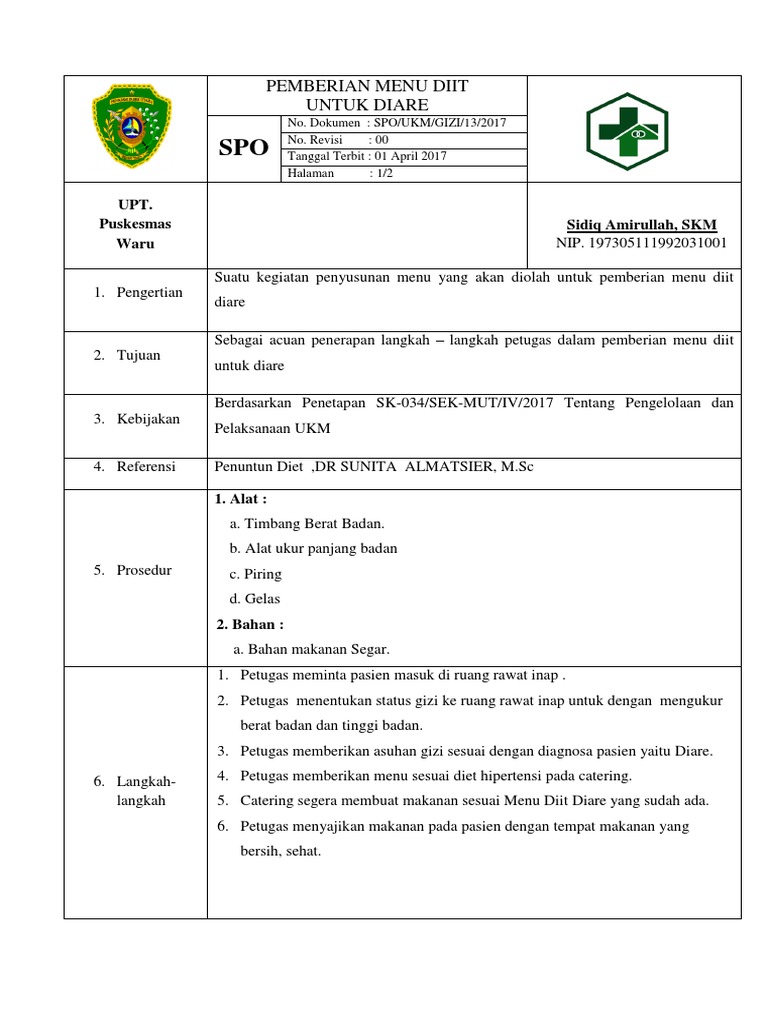 SPO Pemberian Menu Diit Diare | PDF