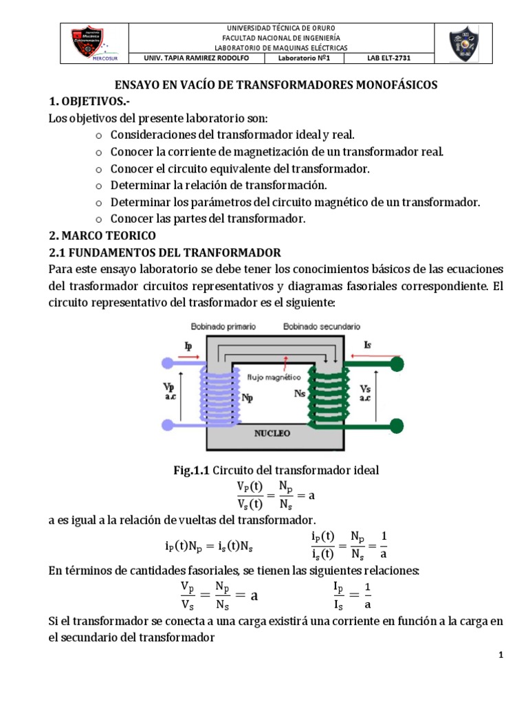 Ensayo En Vacío De Transformadores Monofásicos 1. Objetivos. | Transformador | Corriente ...
