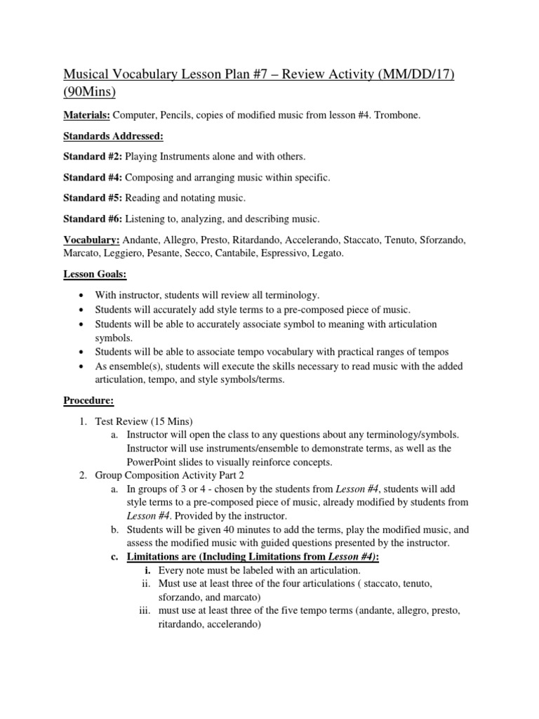 Musical Vocabulary Lesson Plan Composition | PDF | Tempo | Musical ...