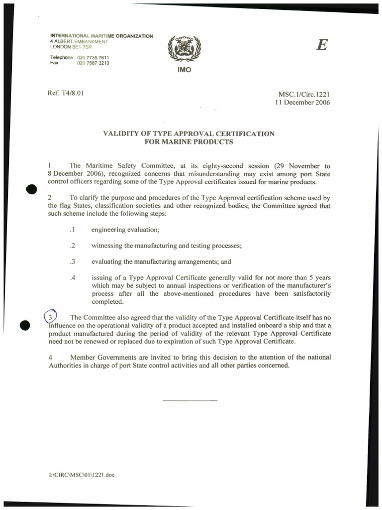 IMO MSC.1 Circ.1221 Validity of Type Approval Certification For Marine Products PDF | PDF