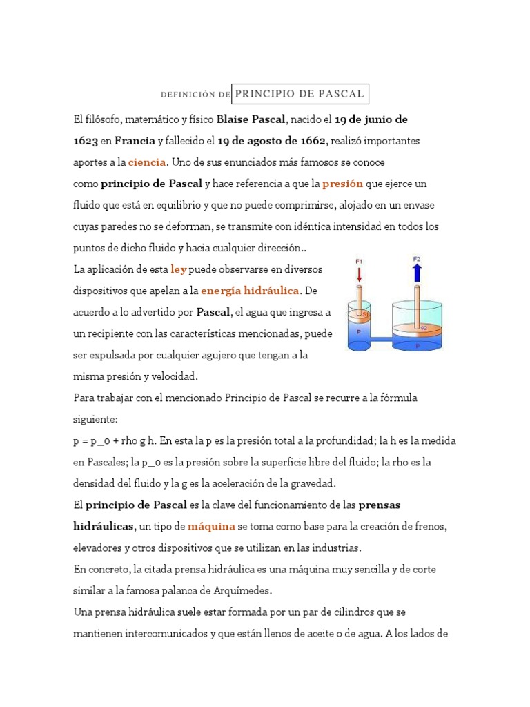 Definición de Principio de Pascal | Descargar gratis PDF | Presión | Líquidos